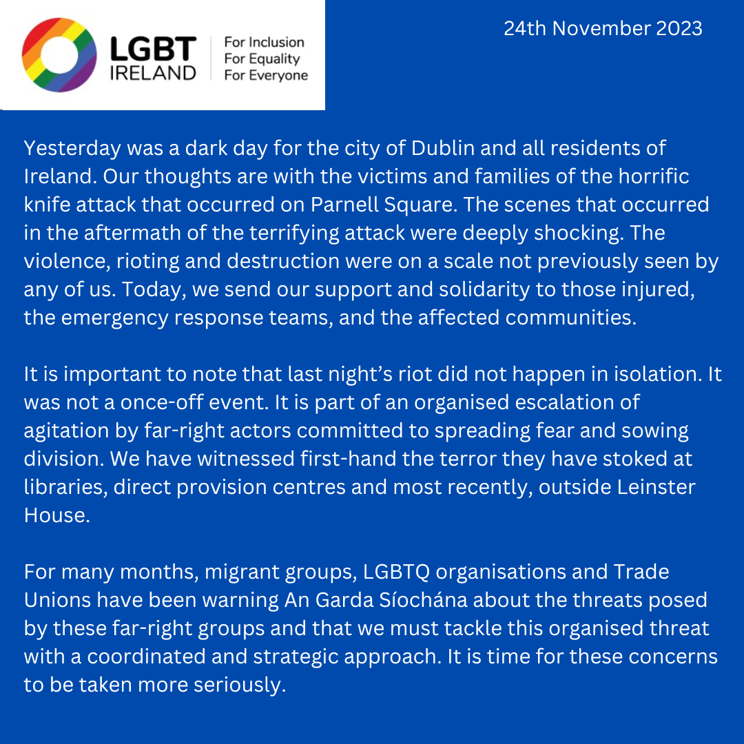 LGBT Ireland statement on events of 23rd November 2023. - LGBT Ireland